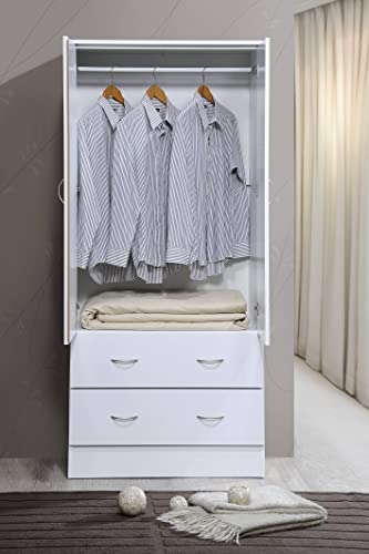 HODEDAH IMPORT Two Door Wardrobe, with Two Drawers, and Hanging Rod, White.