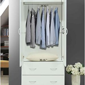 HODEDAH IMPORT Two Door Wardrobe, with Two Drawers, and Hanging Rod, White.