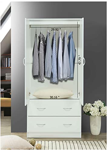 HODEDAH IMPORT Two Door Wardrobe, with Two Drawers, and Hanging Rod, White.