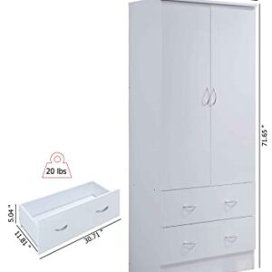 HODEDAH IMPORT Two Door Wardrobe, with Two Drawers, and Hanging Rod, White.