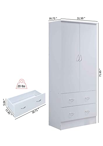 HODEDAH IMPORT Two Door Wardrobe, with Two Drawers, and Hanging Rod, White.