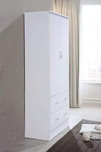 HODEDAH IMPORT Two Door Wardrobe, with Two Drawers, and Hanging Rod, White.