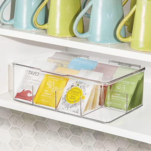 mDesign Plastic Tea Bag Divided Storage Organizer Container Box with Hinge Lid for Kitchen Cabinet, Countertop, Pantry, Hold Coffee Pods, Seasoning Packets, Condiments, 8 Sections, 2 Pack, Clear