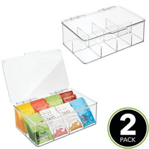 mDesign Plastic Tea Bag Divided Storage Organizer Container Box with Hinge Lid for Kitchen Cabinet, Countertop, Pantry, Hold Coffee Pods, Seasoning Packets, Condiments, 8 Sections, 2 Pack, Clear