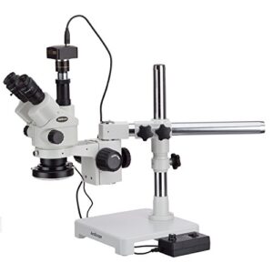 amscope 3.5x-45x simul-focal stereo zoom microscope on single arm boom stand with 144-led ring light and 1.3mp camera