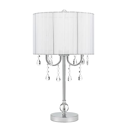 Catalina Lighting Glam Chandelier Table Lamp with Dazzling Clear Beads & Organza Pleated Shade, 23", Chrome