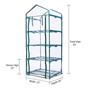 Worth Garden 4 Tier Mini Greenhouse - 63'' H x 27'' L x 19'' W - Sturdy Portable Gardening Shelves with PVC Cover - Small Green House Use in Indoor & Outdoor for Plants Flowers