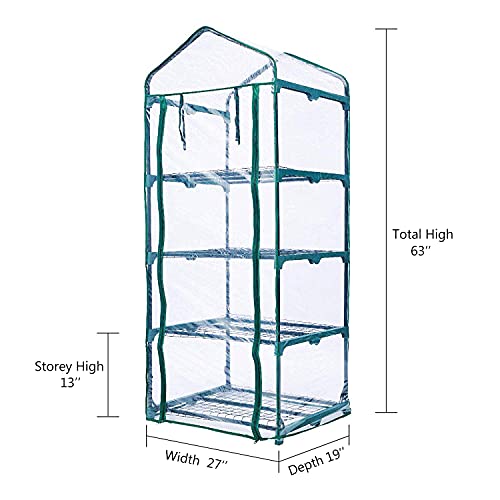 Worth Garden 4 Tier Mini Greenhouse - 63'' H x 27'' L x 19'' W - Sturdy Portable Gardening Shelves with PVC Cover - Small Green House Use in Indoor & Outdoor for Plants Flowers