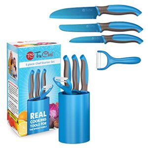 truchef kids knife set for cooking – 5 piece kids cook set in blue – kids cooking supplies with kids chef knife, kids paring knife, kids peeler, kids serrated knife & universal holder