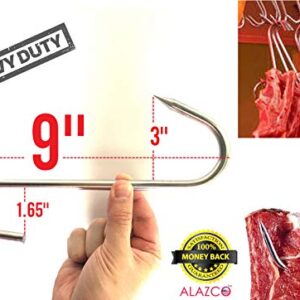 4pc 9" Heavy Duty & Thick ALAZCO Stainless Steel Meat Processing Butcher Hook - Wild Game, Smoking Ribs BBQ Large Fish, Hunting, Carcass Deer Hanging S-Hook Excellent Quality 9mm Thick