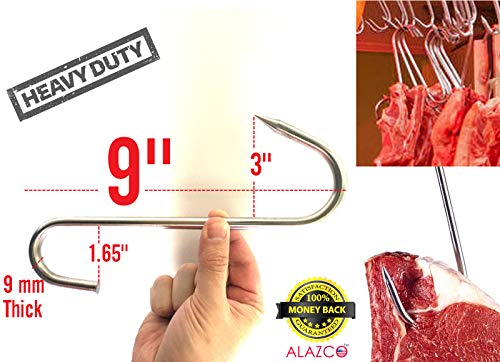 4pc 9" Heavy Duty & Thick ALAZCO Stainless Steel Meat Processing Butcher Hook - Wild Game, Smoking Ribs BBQ Large Fish, Hunting, Carcass Deer Hanging S-Hook Excellent Quality 9mm Thick