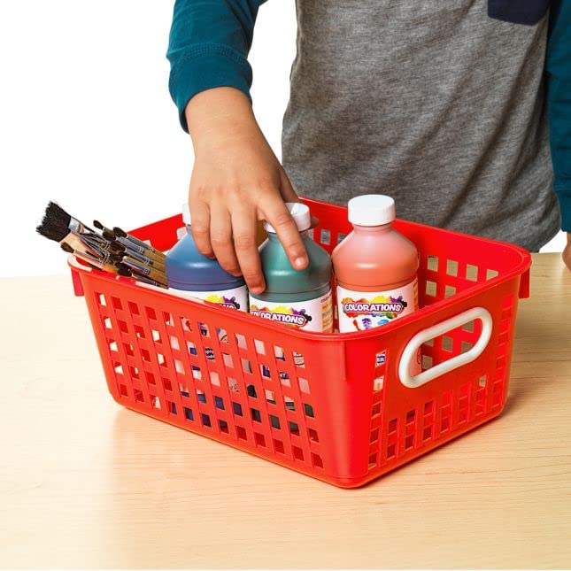 Really Good Stuff Multi-Purpose Plastic Storage Baskets for Classroom or Home Use - Stackable Mesh Plastic Baskets with Grip Handles 11" x 7.5" (Red - Set of 12)