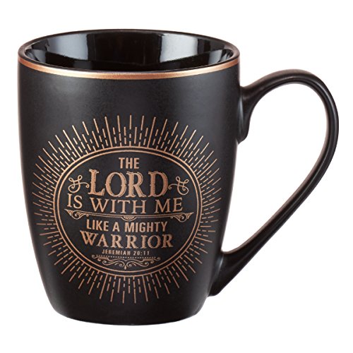 Christian Encouragement Gifts for Men/Women Matte Black Coffee Mug w/Metallic Font Scripture Verses “The Lord is with Me” Jeremiah 20:11 12oz Stoneware