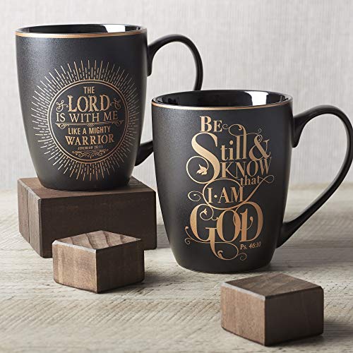 Christian Encouragement Gifts for Men/Women Matte Black Coffee Mug w/Metallic Font Scripture Verses “The Lord is with Me” Jeremiah 20:11 12oz Stoneware