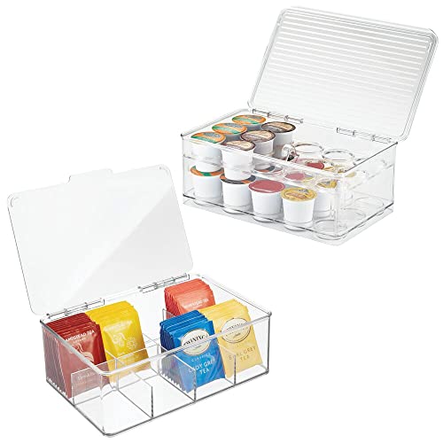 mDesign Plastic Stackable Divided Storage Organizer with Lid for Tea Bags and Coffee Pods in Kitchen Cabinet, Countertop, Ligne Collection, Includes 1 Tea Organizer and 1 Coffee Pod Organizer, Clear