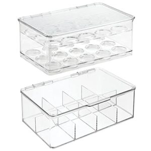 mDesign Plastic Stackable Divided Storage Organizer with Lid for Tea Bags and Coffee Pods in Kitchen Cabinet, Countertop, Ligne Collection, Includes 1 Tea Organizer and 1 Coffee Pod Organizer, Clear