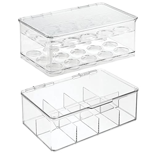 mDesign Plastic Stackable Divided Storage Organizer with Lid for Tea Bags and Coffee Pods in Kitchen Cabinet, Countertop, Ligne Collection, Includes 1 Tea Organizer and 1 Coffee Pod Organizer, Clear