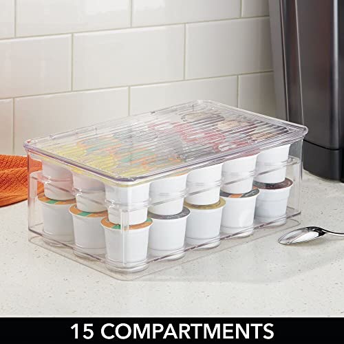 mDesign Plastic Stackable Divided Storage Organizer with Lid for Tea Bags and Coffee Pods in Kitchen Cabinet, Countertop, Ligne Collection, Includes 1 Tea Organizer and 1 Coffee Pod Organizer, Clear