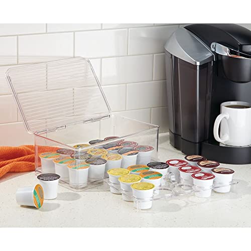 mDesign Plastic Stackable Divided Storage Organizer with Lid for Tea Bags and Coffee Pods in Kitchen Cabinet, Countertop, Ligne Collection, Includes 1 Tea Organizer and 1 Coffee Pod Organizer, Clear