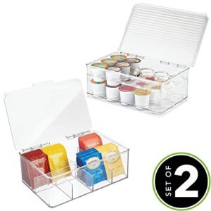 mDesign Plastic Stackable Divided Storage Organizer with Lid for Tea Bags and Coffee Pods in Kitchen Cabinet, Countertop, Ligne Collection, Includes 1 Tea Organizer and 1 Coffee Pod Organizer, Clear