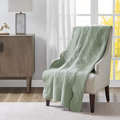 Madison Park Madison Park Luxe Quilted Throw Blanket - Damask Stitching Design, Cotton Filled Spread, Ultra Soft, Cozy Bedding for Living Room Couch, Sofa, Bed, 60x72", Scalloped Borders Seafoam