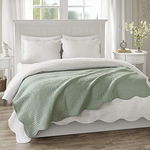 Madison Park Madison Park Luxe Quilted Throw Blanket - Damask Stitching Design, Cotton Filled Spread, Ultra Soft, Cozy Bedding for Living Room Couch, Sofa, Bed, 60x72", Scalloped Borders Seafoam