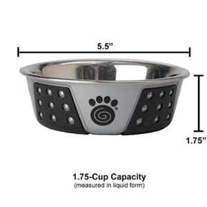 PetRageous 13097 Fiji Stainless Steel Non-Slip Dishwasher Safe Dog Bowl 1.75-Cup Capacity 5.5-inch Diameter 1.75-inch Tall for Small and Medium Size Dogs and Cats, Light Grey and Black