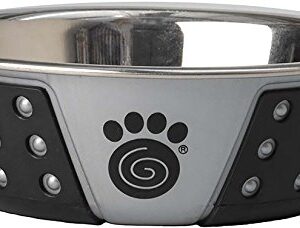 PetRageous 13097 Fiji Stainless Steel Non-Slip Dishwasher Safe Dog Bowl 1.75-Cup Capacity 5.5-inch Diameter 1.75-inch Tall for Small and Medium Size Dogs and Cats, Light Grey and Black