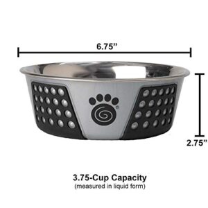 PetRageous 13098 Fiji Stainless Steel Non-Slip Dishwasher Safe Dog Bowl 3.75-Cup Capacity 6.75-inch Diameter 2.5-inch Tall for Medium and Large Dogs, Light Grey and Black