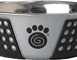 PetRageous 13098 Fiji Stainless Steel Non-Slip Dishwasher Safe Dog Bowl 3.75-Cup Capacity 6.75-inch Diameter 2.5-inch Tall for Medium and Large Dogs, Light Grey and Black