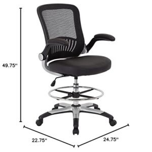 Office Star DC Series Mesh Back Drafting Chair with Adjustable Footring and Padded Flip Arms, Black Faux Leather Seat