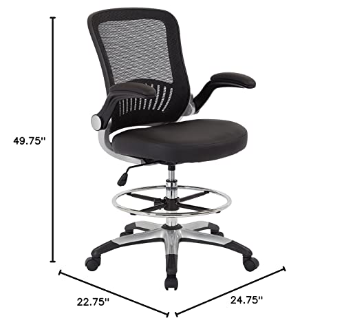 Office Star DC Series Mesh Back Drafting Chair with Adjustable Footring and Padded Flip Arms, Black Faux Leather Seat