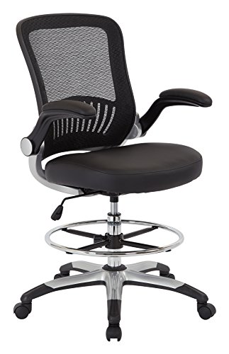 Office Star DC Series Mesh Back Drafting Chair with Adjustable Footring and Padded Flip Arms, Black Faux Leather Seat