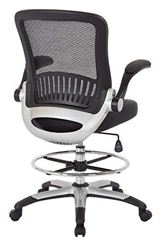 Office Star DC Series Mesh Back Drafting Chair with Adjustable Footring and Padded Flip Arms, Black Faux Leather Seat