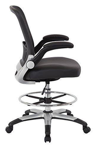 Office Star DC Series Mesh Back Drafting Chair with Adjustable Footring and Padded Flip Arms, Black Faux Leather Seat