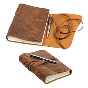 moonster leather journal notebook gift set + luxury pen – handmade genuine buffalo leather travel journal hand-stitched coptic leather binding – premium recycled acid-free unlined cotton paper