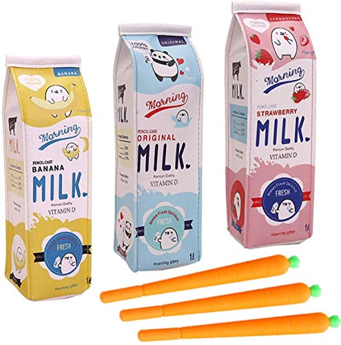 NYKKOLA Kawaii Set of 3 Milk Carton Pencil Cases Cosmetic Bag + 3 Carrot Gel Ink Pens