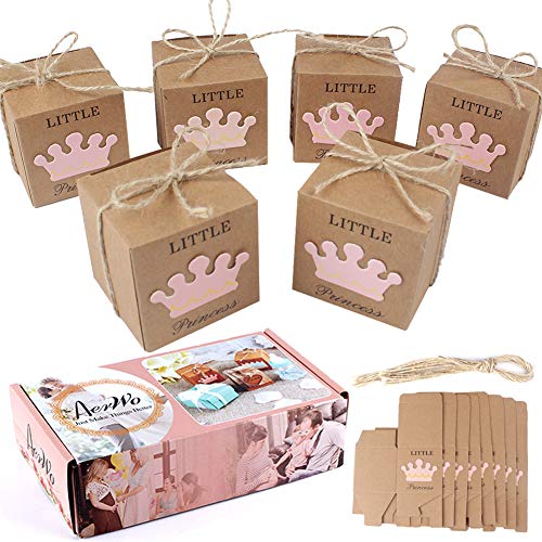 AerWo 50pcs Little Princess Baby Shower Party Favor Boxes, Baby Shower Favors for Guests with 50pcs Twine Bow, Rustic Kraft Paper Candy Bag Gift Boxes for Birthday Baby Shower Decoration, Pink