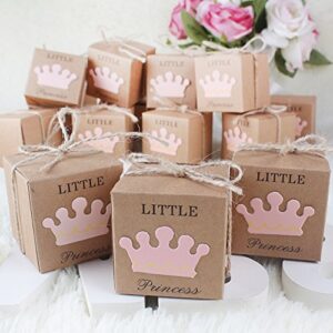 AerWo 50pcs Little Princess Baby Shower Party Favor Boxes, Baby Shower Favors for Guests with 50pcs Twine Bow, Rustic Kraft Paper Candy Bag Gift Boxes for Birthday Baby Shower Decoration, Pink