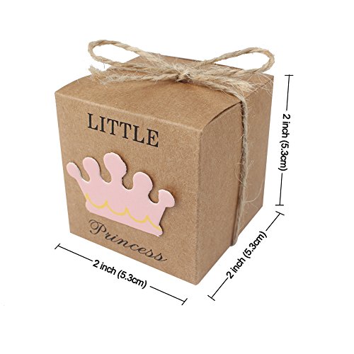 AerWo 50pcs Little Princess Baby Shower Party Favor Boxes, Baby Shower Favors for Guests with 50pcs Twine Bow, Rustic Kraft Paper Candy Bag Gift Boxes for Birthday Baby Shower Decoration, Pink