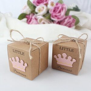 AerWo 50pcs Little Princess Baby Shower Party Favor Boxes, Baby Shower Favors for Guests with 50pcs Twine Bow, Rustic Kraft Paper Candy Bag Gift Boxes for Birthday Baby Shower Decoration, Pink