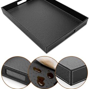 Ranslen Serving Tray with Handles, 20 x 16 Inch Rectangular Leather Tray for Coffee Table, Breakfast, Kitchen Home Black Tray Decor Extra Large