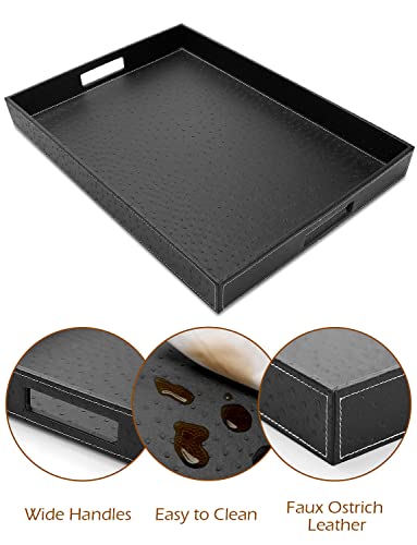 Ranslen Serving Tray with Handles, 20 x 16 Inch Rectangular Leather Tray for Coffee Table, Breakfast, Kitchen Home Black Tray Decor Extra Large