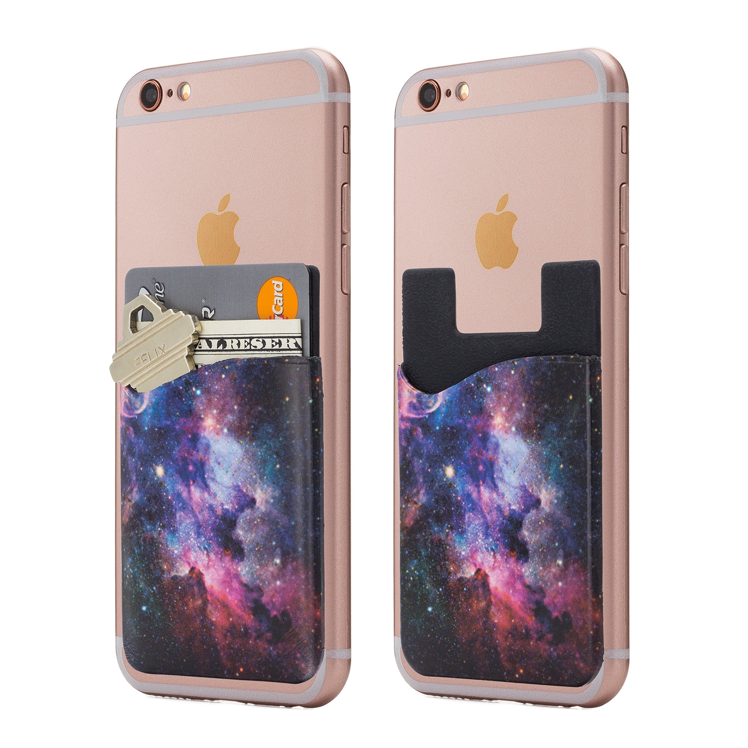 (Two) Galaxy cell phone stick on wallet card holder phone pocket for iPhone, Android and all smartphones.