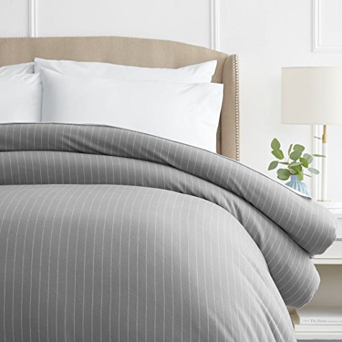 Amazon Brand – Pinzon 160-Gram Pinstripe Flannel Cotton Duvet Cover, Twin, Grey Pinstripe