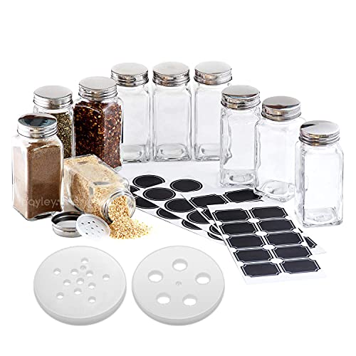 Hayley Cherie - 6 oz Large Square Glass Spice Jars (Set of 10) - Chalkboard Labels, Stainless Steel Lids and Large & Small Shaker Inserts