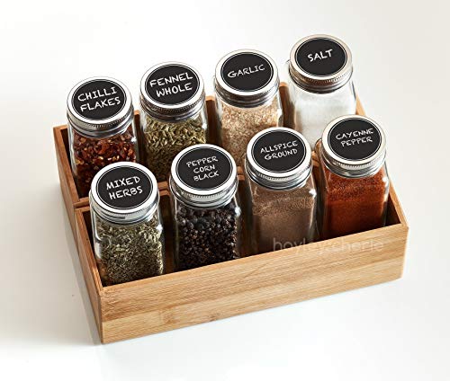 Hayley Cherie - 6 oz Large Square Glass Spice Jars (Set of 10) - Chalkboard Labels, Stainless Steel Lids and Large & Small Shaker Inserts