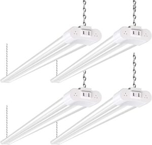 hykolity 4 pack 4ft led shop light linkable, 4400lm, 42w(250w equivalent), 5000k utility shop lights for garages, workshops, basements, hanging or flush mount, with power cord and on/off switch, etl