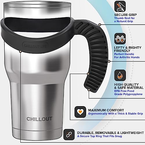 CHILLOUT LIFE Stainless Steel Travel Mug with Handle 30 oz – 6 Piece Set. Tumbler with Handle, Straw, Cleaning Brush & 2 Lids. Double Wall Insulated Large Coffee Mug Bundle