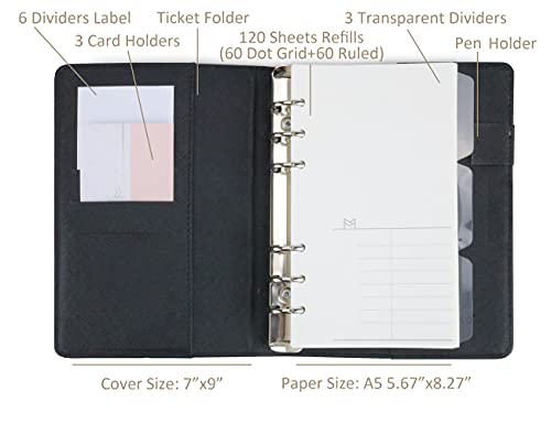 MILIKO A5 Water Wave Sytle PU Leather Wirebound/Spiral Refillable Notebook/Journal, Organizer/Planner-120 Sheet-60 Sheets Dot Grid Plus 60 Sheets Ruled Refills, 3 Transparent Dividers Included